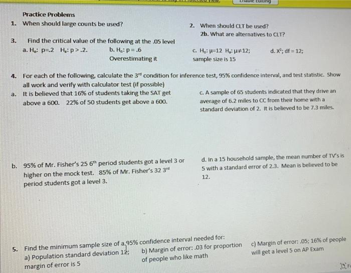 Solved ut cong Practice Problems 1. When should large counts | Chegg.com