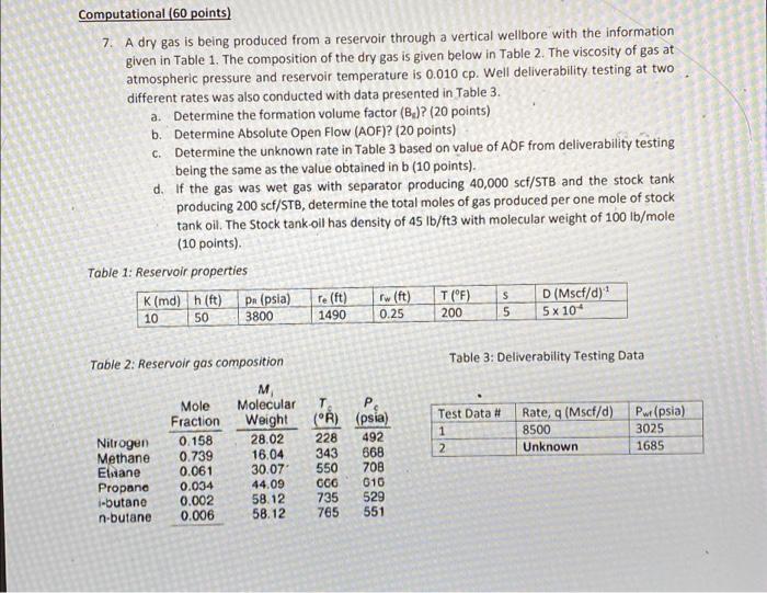 Solved Computational (60 points) 7. A dry gas is being | Chegg.com