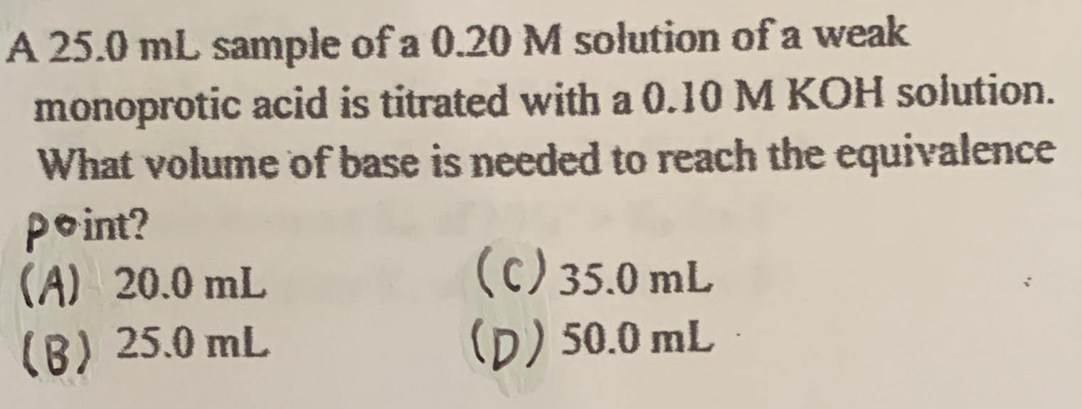 Solved A 25.0mL ﻿sample of a 0.20M ﻿solution of a weak | Chegg.com