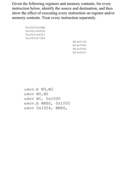 Solved Given the following registers and memory contents, | Chegg.com