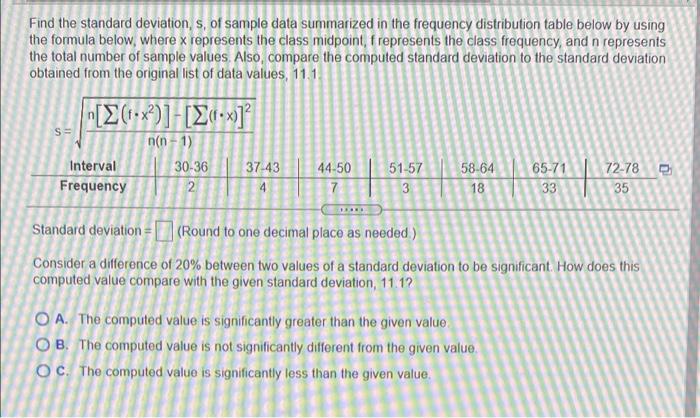 Solved Find the standard deviation, s, of sample data | Chegg.com