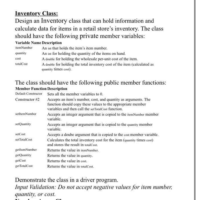 Solved Inventory Class: Design an Inventory class that can | Chegg.com