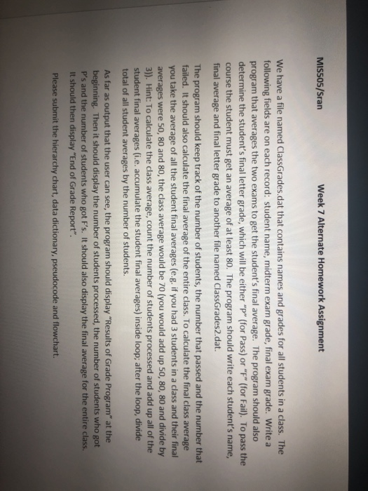 MIS505/Sran Week 7 Alternate Homework Assignment We | Chegg.com
