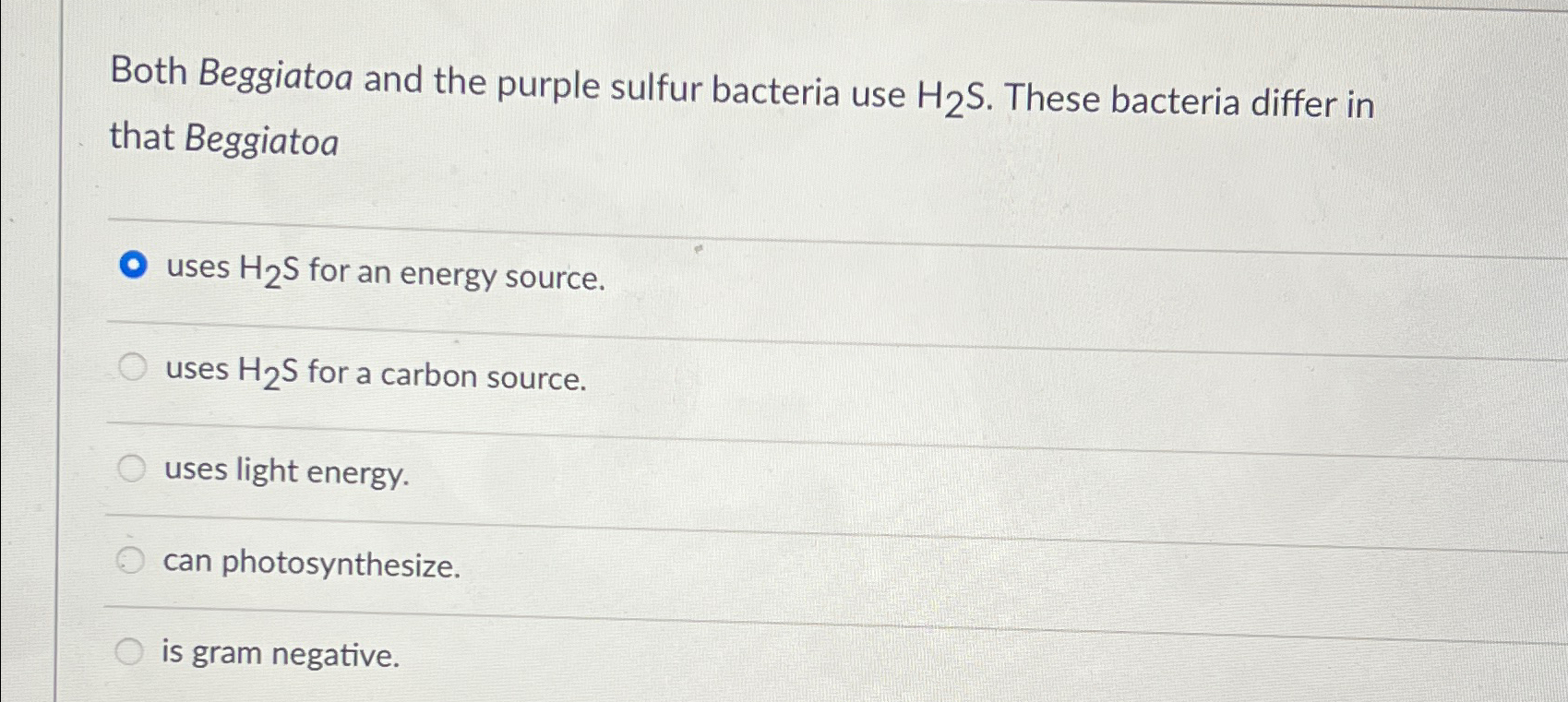 Solved Both Beggiatoa and the purple sulfur bacteria use | Chegg.com