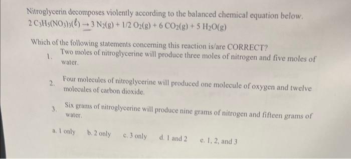 Solved Nitroglycerin decomposes violently according to the | Chegg.com
