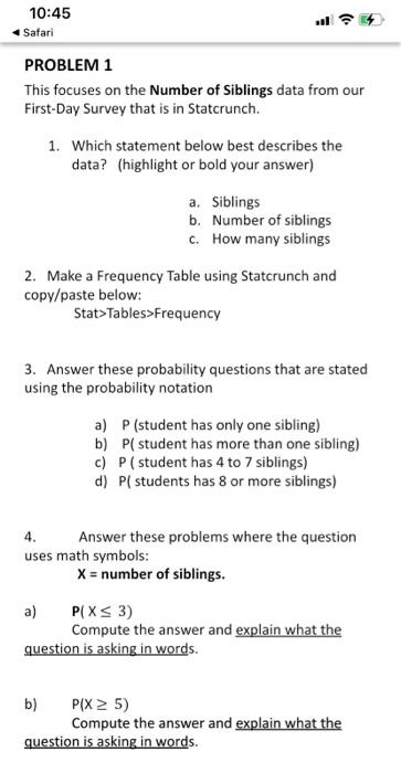 Solved EOL Data How many siblings do you have? StatCrunch | Chegg.com