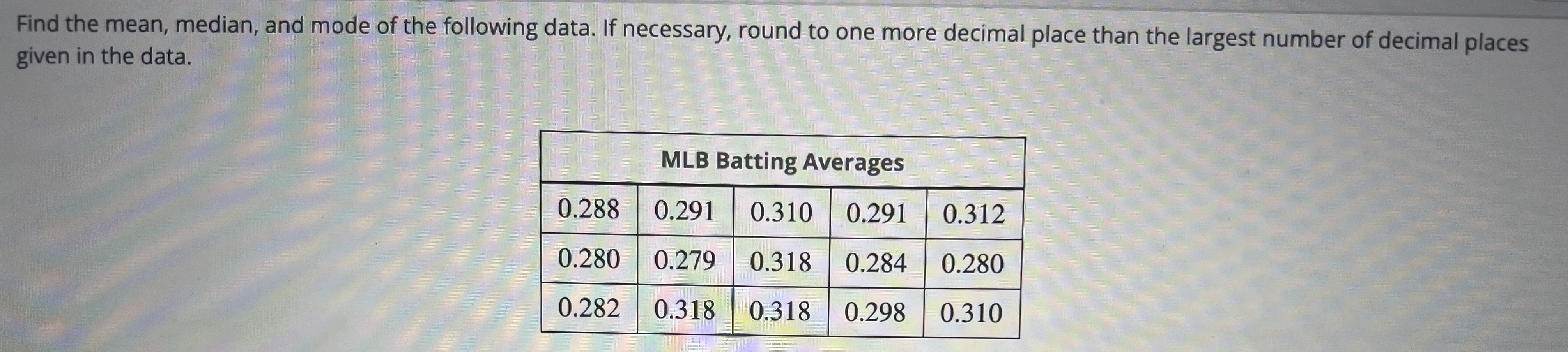 Solved Find the mean, median, and mode of the following | Chegg.com