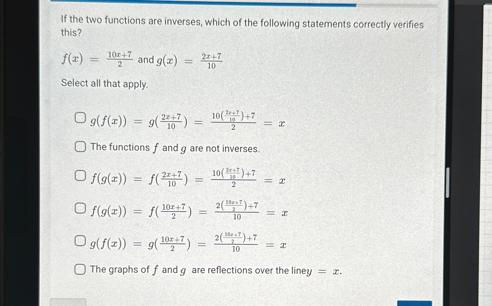 Solved If the two functions are inverses, which of the | Chegg.com