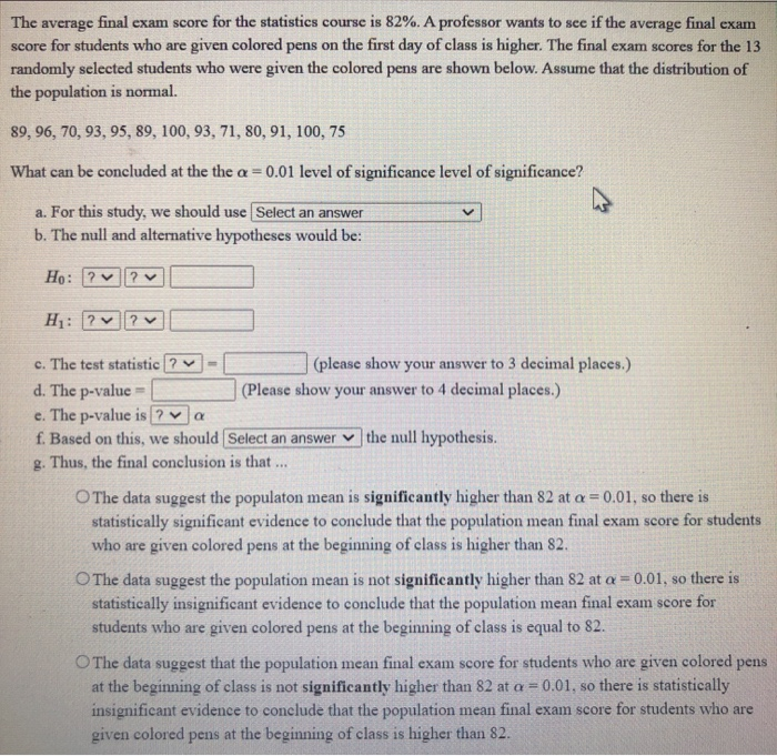Solved The average final exam score for the statistics | Chegg.com