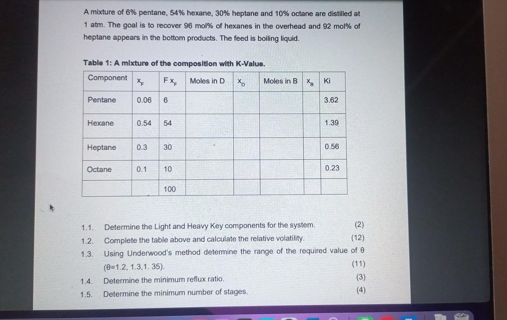 Solved A mixture of 6% pentane, 54% hexane, 30% heptane and | Chegg.com