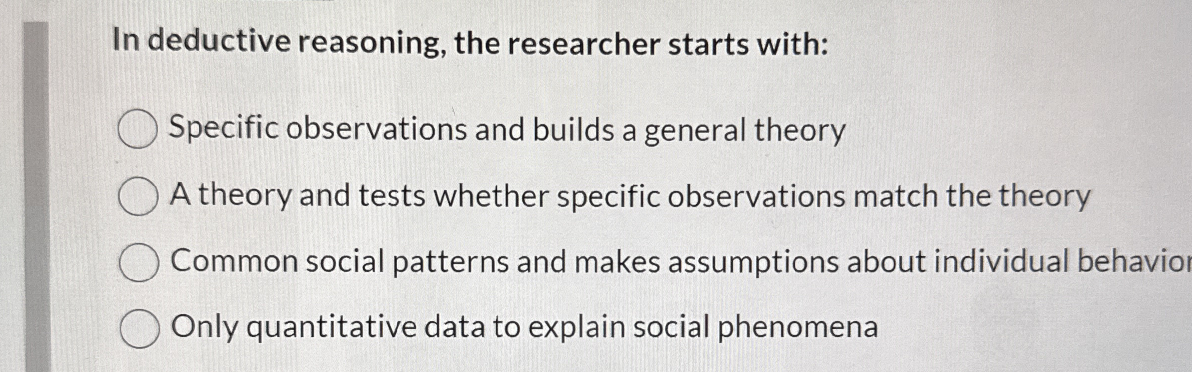Solved In deductive reasoning, the researcher starts | Chegg.com