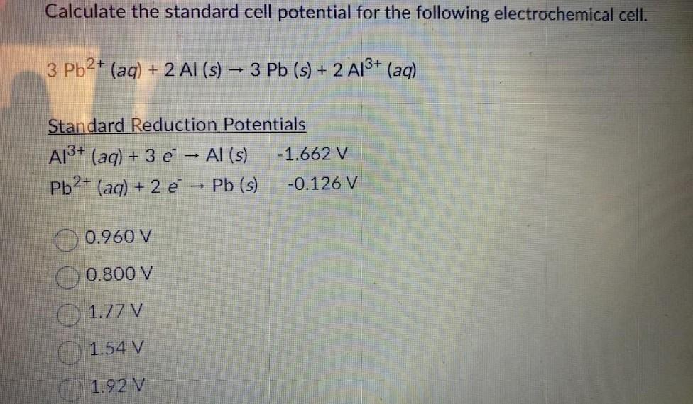 Solved Calculate the standard cell potential for the | Chegg.com