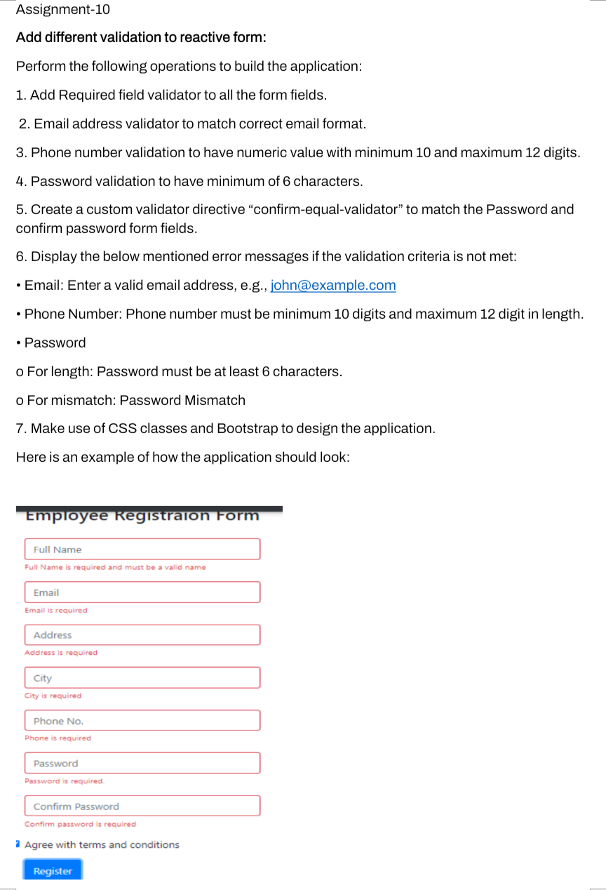 Solved Add different validation to reactive form: Perform | Chegg.com