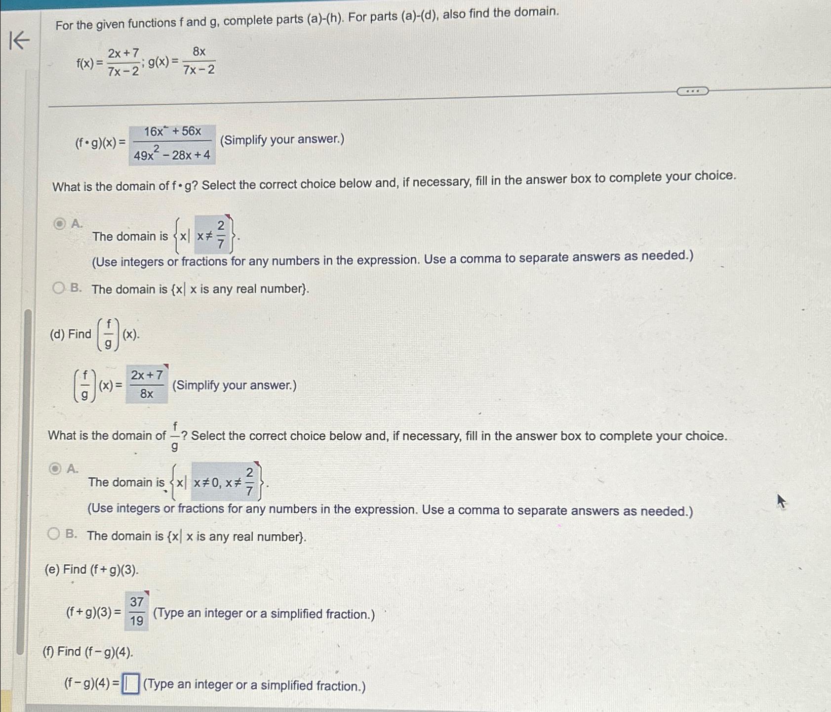 Solved For the given functions f ﻿and g, ﻿complete parts | Chegg.com