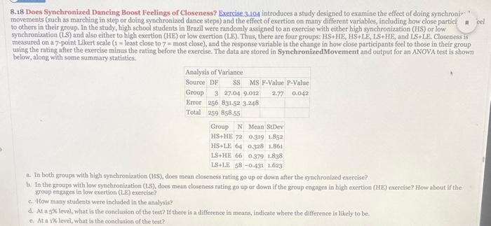 Solved 8.18 Does Synchronized Dancing Boost Feelings of | Chegg.com