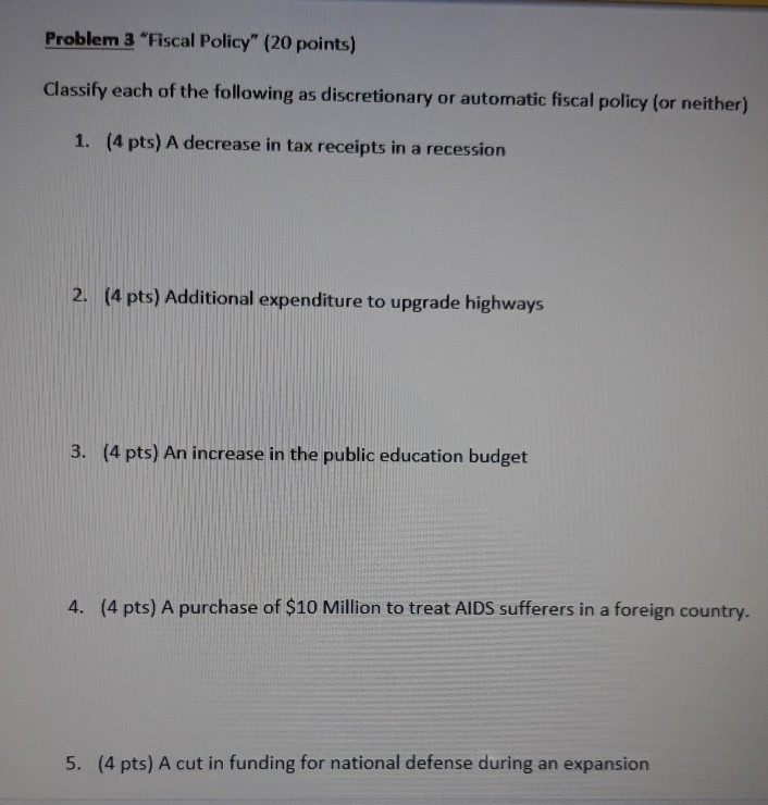 Solved Problem 3 "Fiscal Policy" (20 points) Classify each | Chegg.com