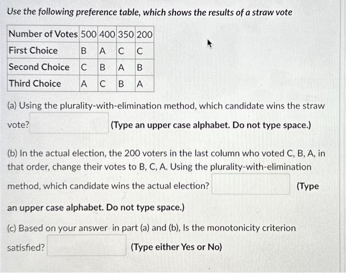 Solved Use the following preference table, which shows the | Chegg.com