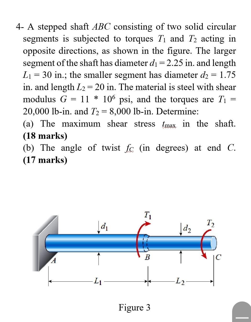 Solved 4- A stepped shaft ABC consisting of two solid | Chegg.com
