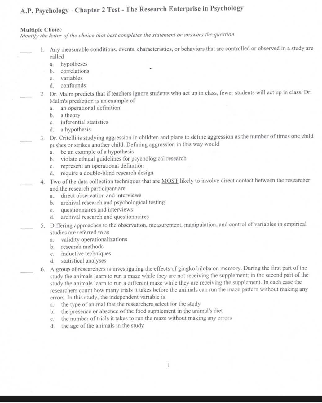 Solved A.P. ﻿Psychology - ﻿Chapter 2 ﻿Test - ﻿The Research | Chegg.com