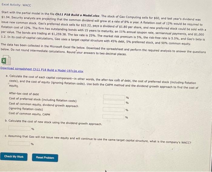 Solved Excel Activity: WACC Start with the partial model in | Chegg.com