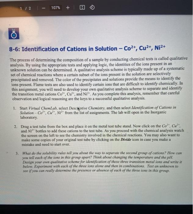 Solved 1 / 2 71% + o 8-6: Identification of Cations in | Chegg.com