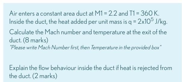 Solved Air enters a constant area duct at M1=2.2 and T1=360 | Chegg.com