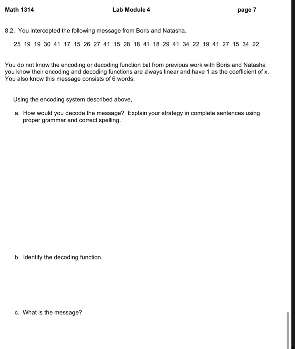 Solved Math 1314 Lab Module 4 page 5 8. Cryptology is the | Chegg.com