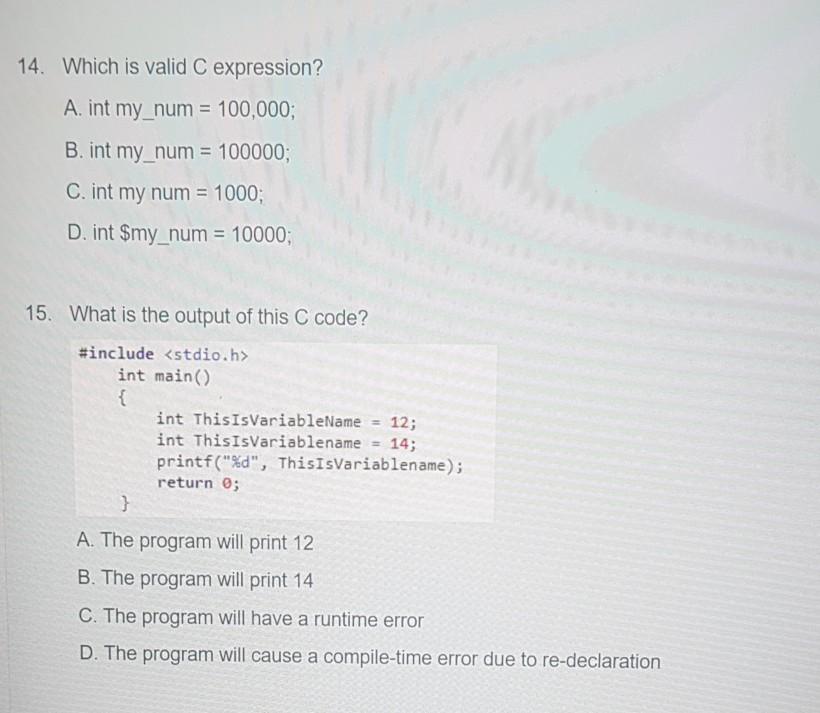 Solved 14 Which Is Valid C Expression A Int My Num Chegg