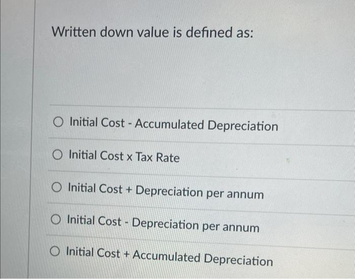 Solved Written down value is defined as: Initial Cost - | Chegg.com