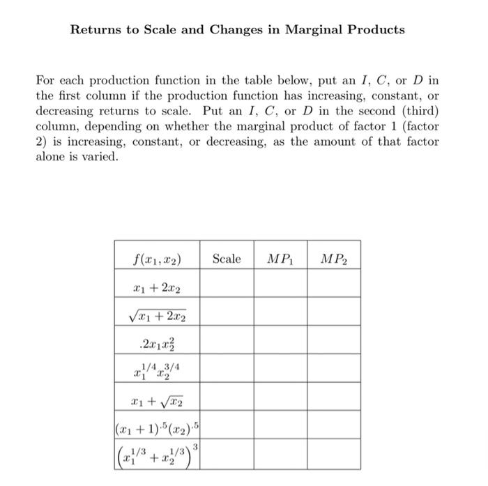 Solved Returns to Scale and Changes in Marginal Products For | Chegg.com
