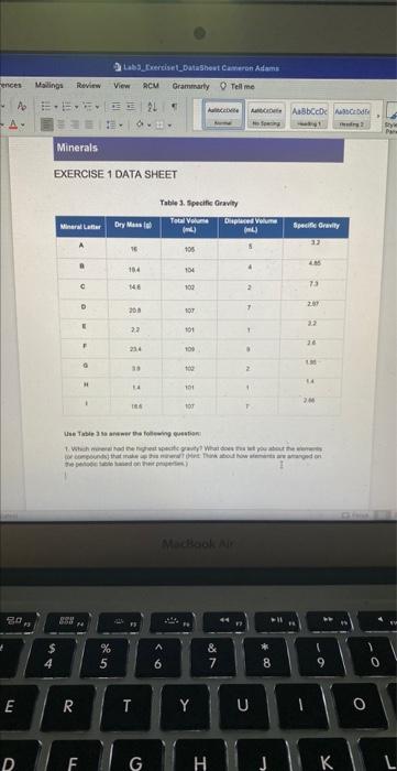 Solved EXERCISE 1 DATA SHEET Table 3. 5pecife Gravity | Chegg.com