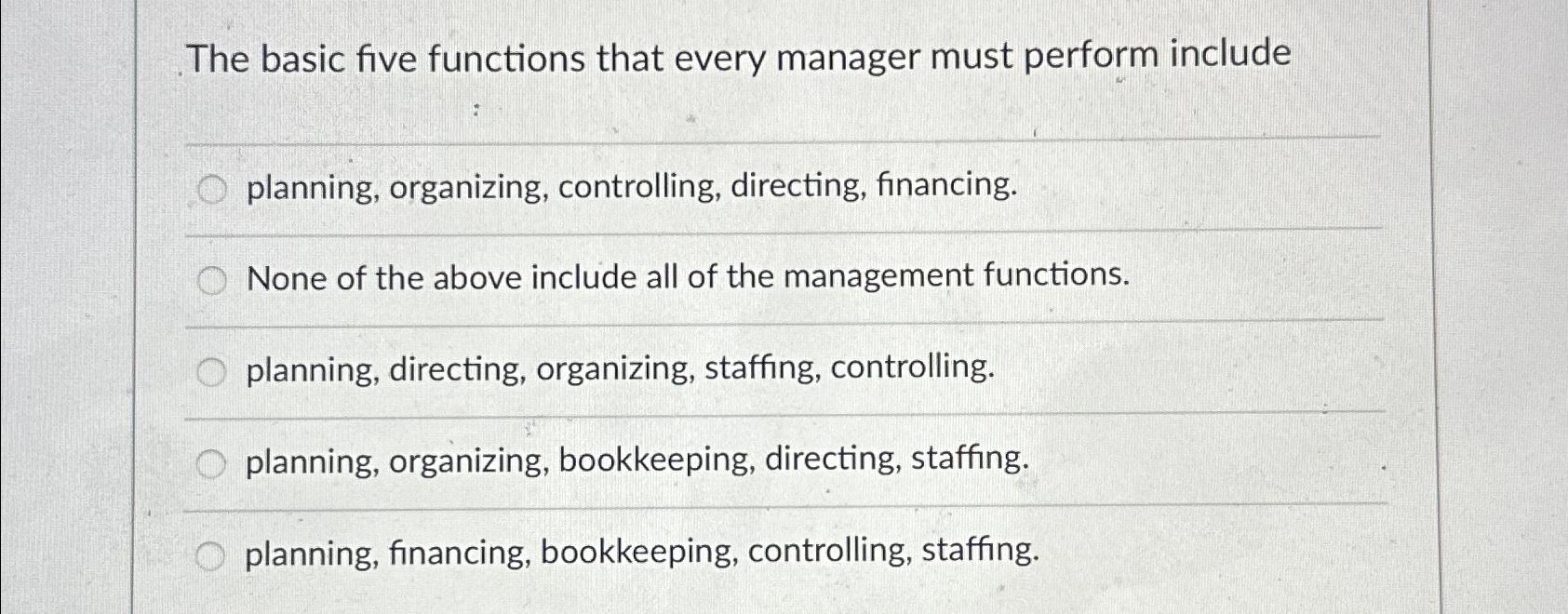 Solved The basic five functions that every manager must | Chegg.com