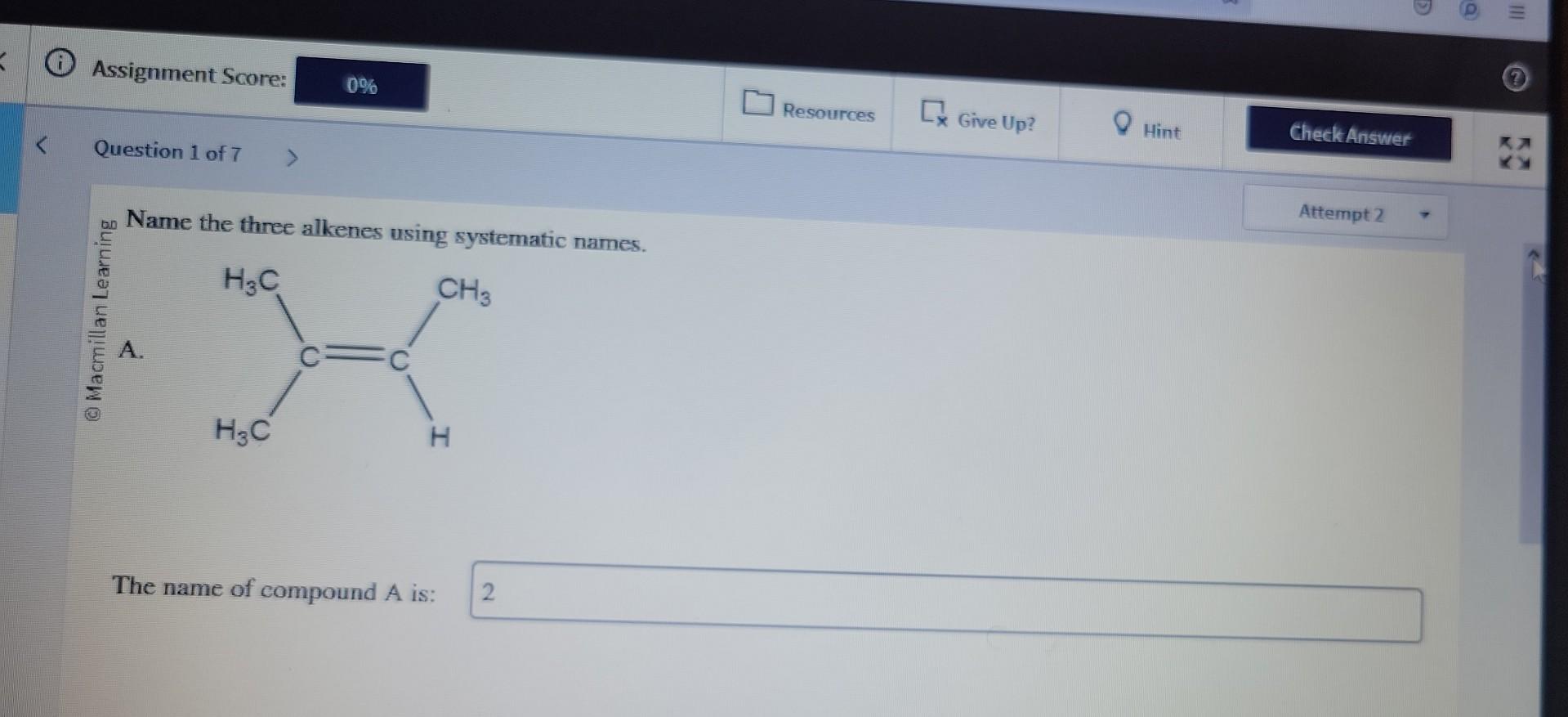 Solved Name the three alkenes using systematic names. A. The | Chegg.com
