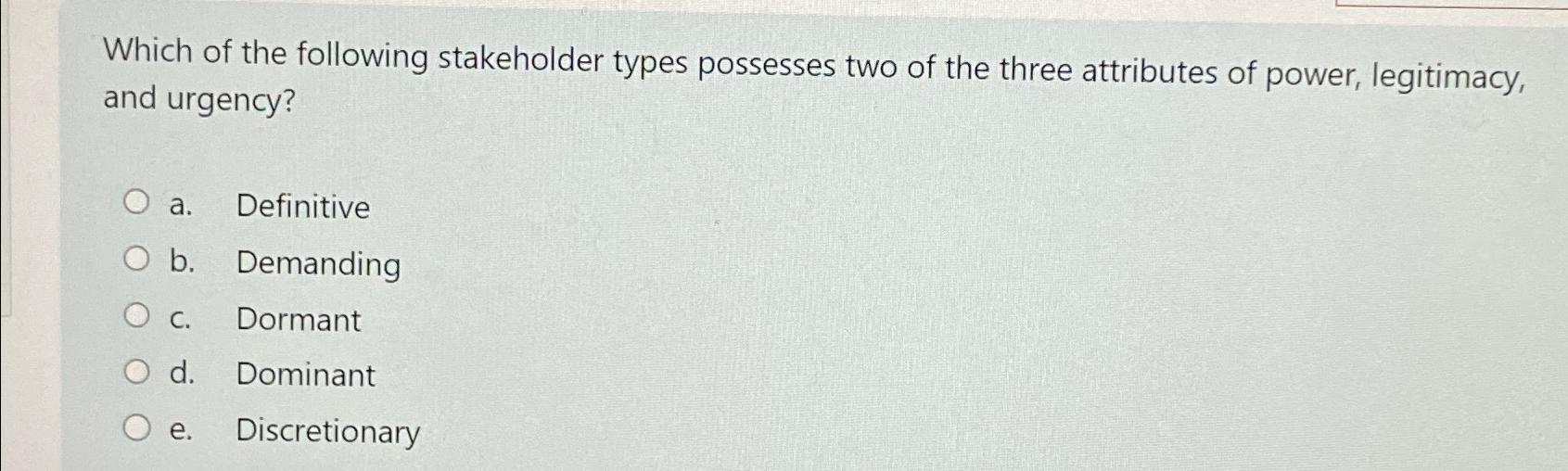 Solved Which of the following stakeholder types possesses | Chegg.com