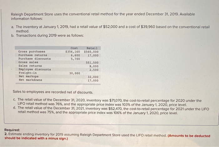 Solved Raleigh Department Store uses the conventional retail | Chegg.com
