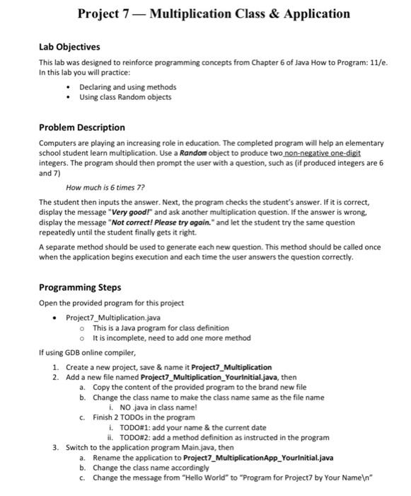 Solved Project 7-Multiplication Class \& Application Lab | Chegg.com