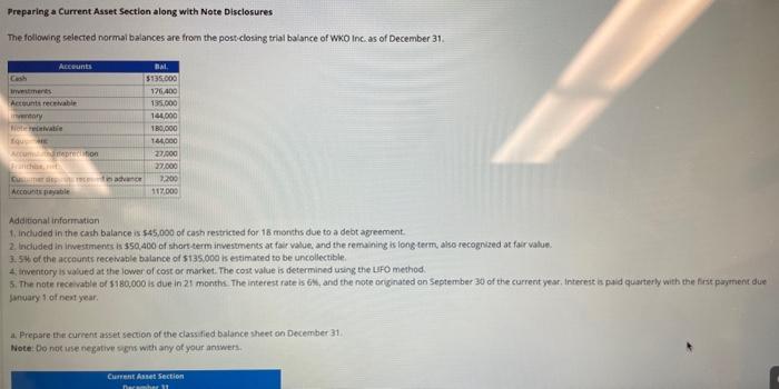 Solved Preparing a Current Asset Section along with Note | Chegg.com