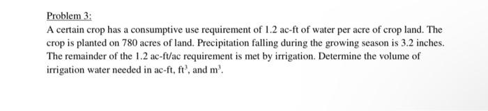 Solved Problem 3: A certain crop has a consumptive use | Chegg.com