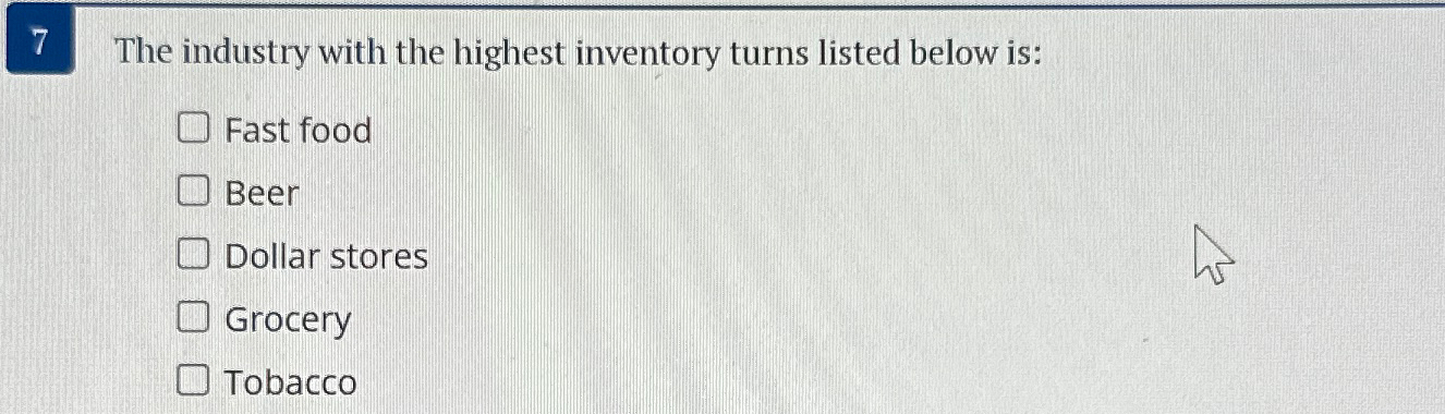Solved 7 ﻿The industry with the highest inventory turns | Chegg.com