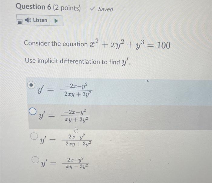 Solved Consider the equation x2+xy2+y3=100 Use implicit | Chegg.com