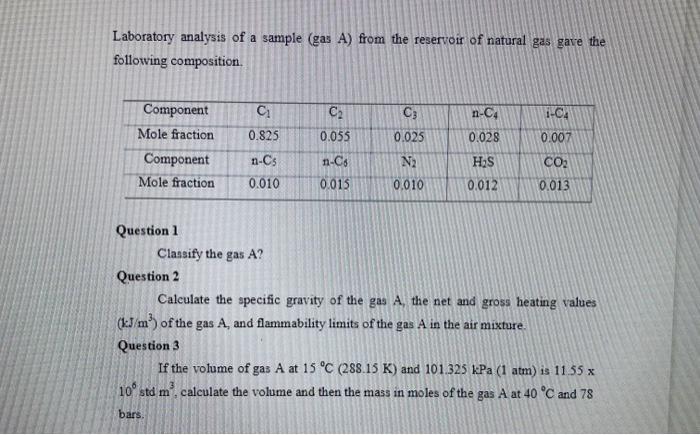 Laboratory analysis of a sample (gas A) from the | Chegg.com