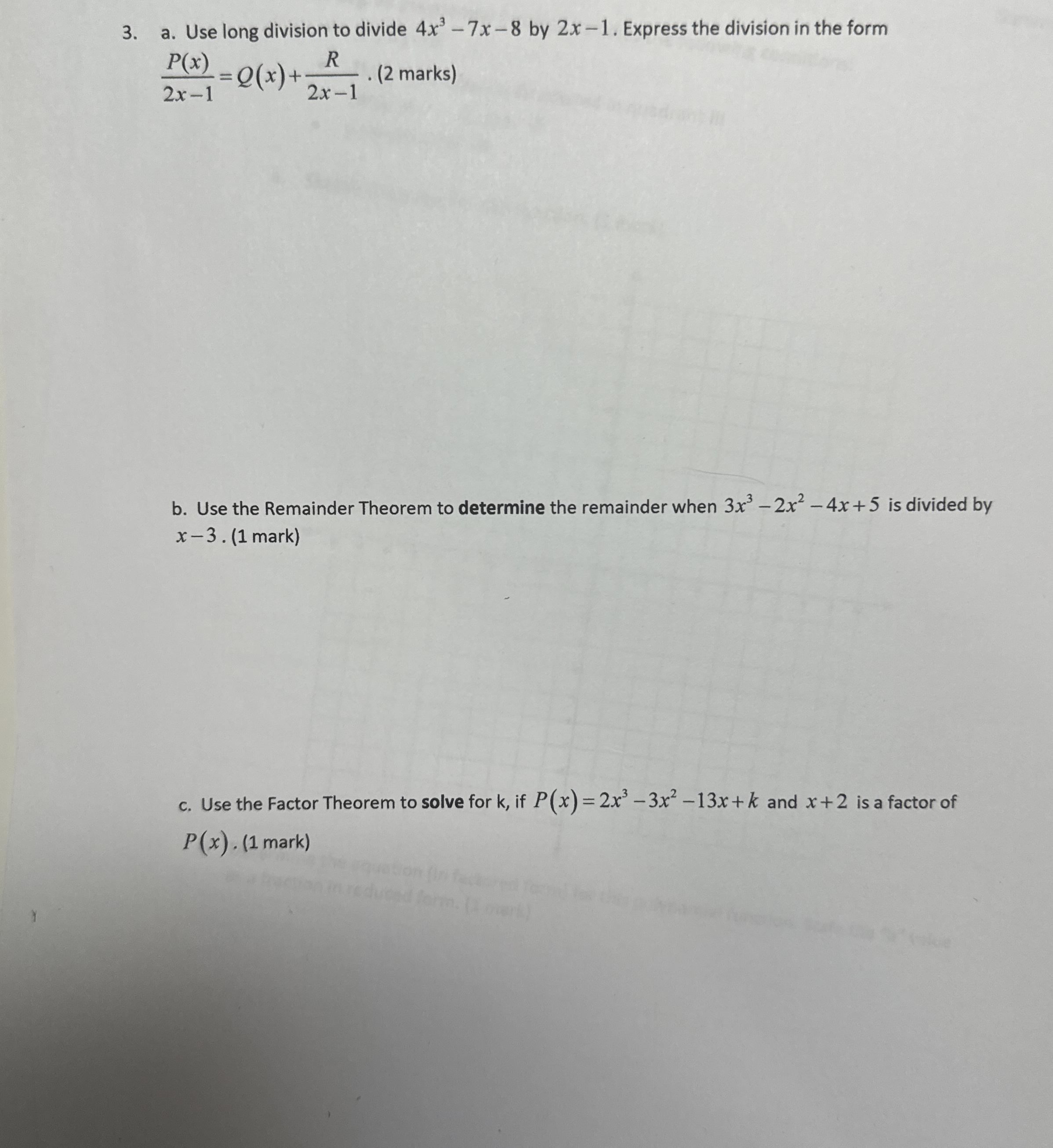 [Solved]: a. Use long division to divide 4x^(3)-7x-8 by 2x-1