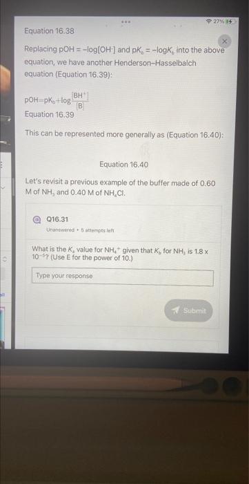 Solved Equation 16.38 Replacing pOH=−log[OH] and pKb=−logKb | Chegg.com