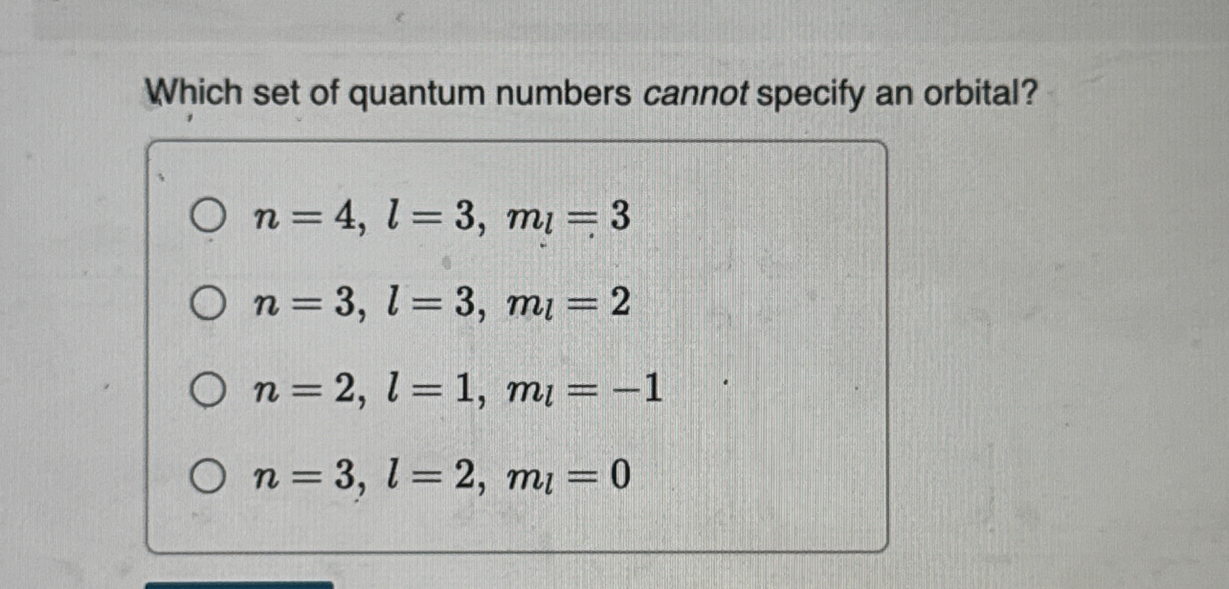 Solved Which set of quantum numbers cannot specify an | Chegg.com