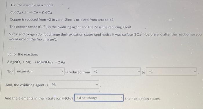 Solved Use the example as a model: CuSO4+Zn→Cu+ZnSO4 Copper | Chegg.com