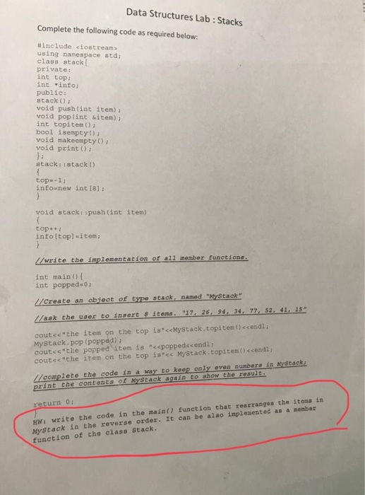 Solved Data Structures Lab: Stacks Complete the following | Chegg.com