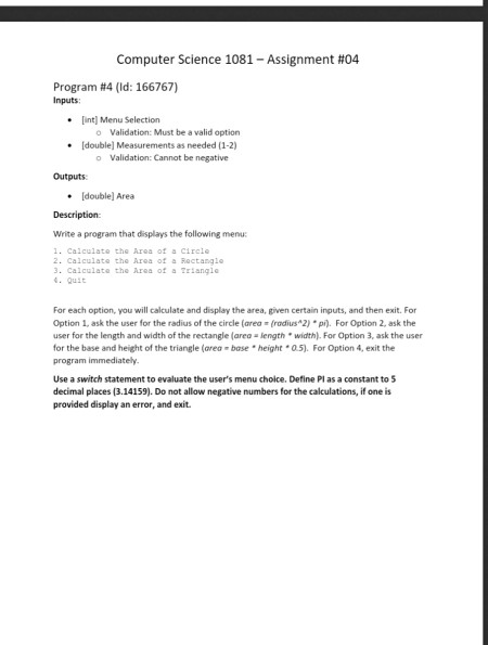 Solved Computer Science 1081 - Assignment #04 Program #4 | Chegg.com