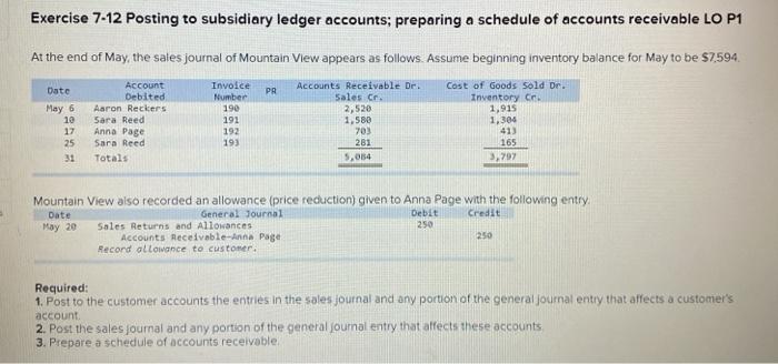 Solved Exercise 7-12 Posting to subsidiary ledger accounts; | Chegg.com