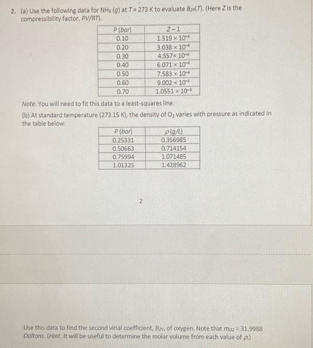 Solved 2. (a) Use the following data for NH3(g) at T=273 K | Chegg.com