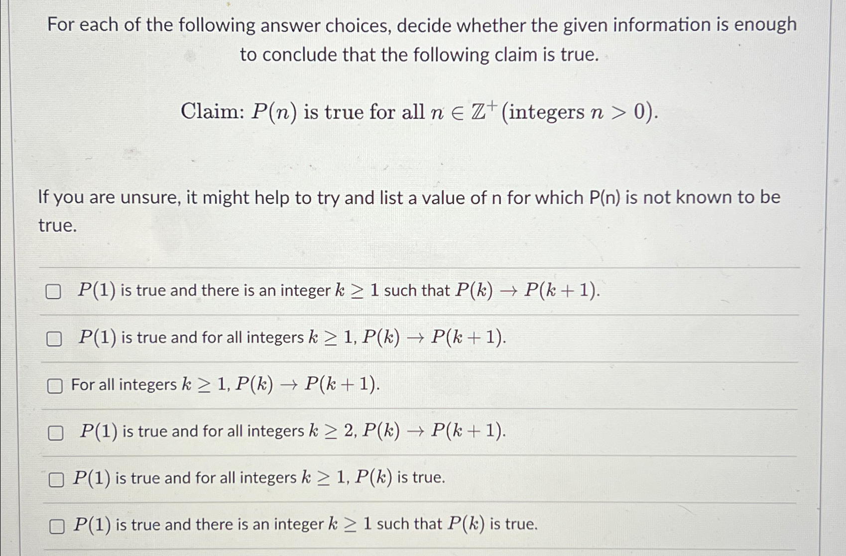 Solved For each of the following answer choices, decide | Chegg.com
